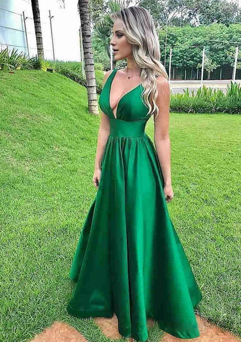 TingPo Wholesale A-line V Neck Sleeveless Long/Floor-Length Satin Prom ...