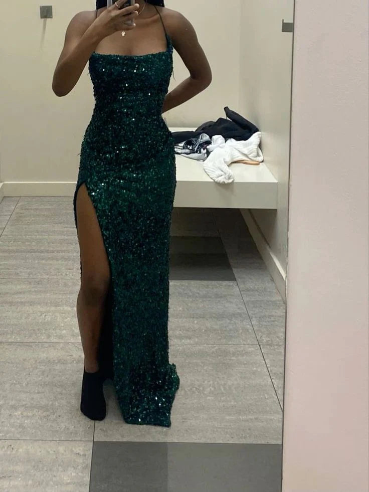 TingPo Wholesale Modest Mermaid Long Dark Green Sequin Slit Prom Dress ...